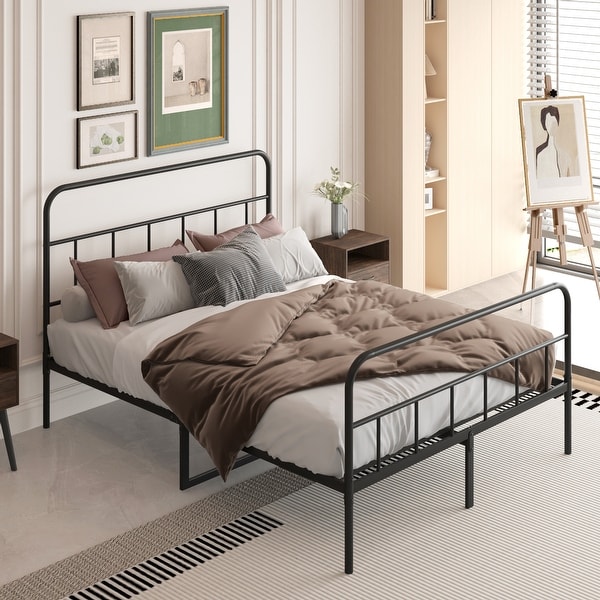 Sleek Metal Platform Bed Frame with Elegant Headboard Quiet Design Full Queen King Size Black