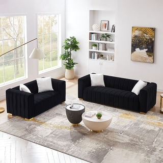 Square Upholstered Square Arms 3/ 2 Seater Sofa Set with Velvet ...