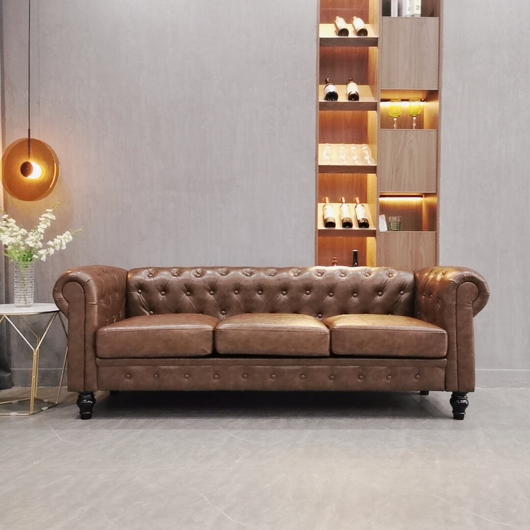 Button Tufted 3 seat Sofa Chesterfield Loveseat Leather Sofa for Living Room Rolled Arms Couch with 4 Gourd Shaped Legs Brown On Sale Bed Bath Beyond 39552214