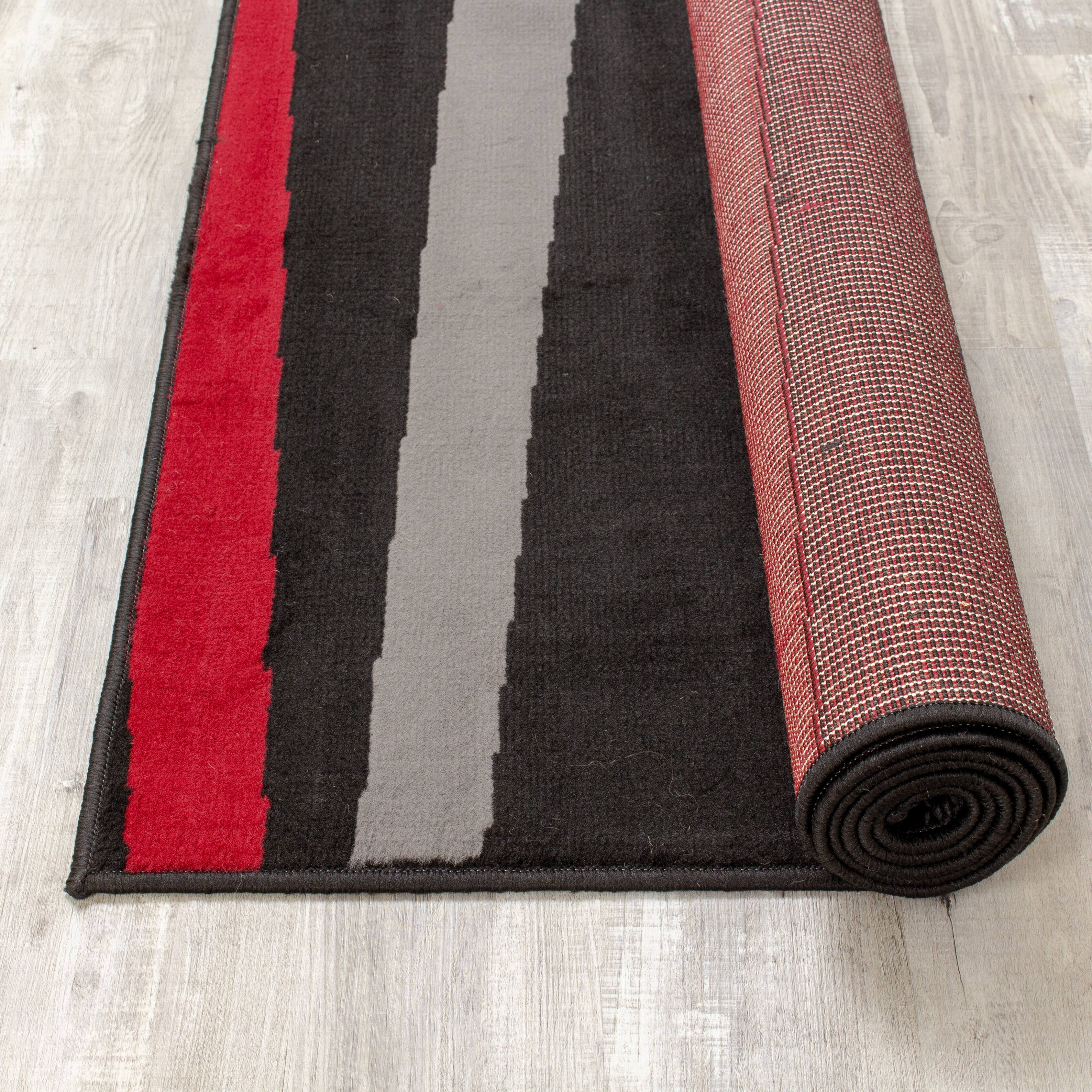 Florence Collection - Black/Grey/ Red Angled Stripes Rug - 5'3" x 7'4 ...