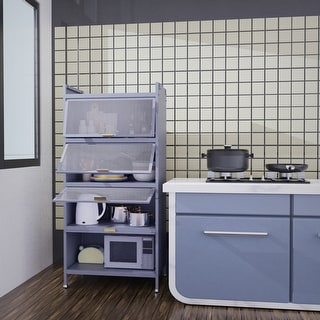 Kitchen Storage Pantry Cabinet with 4 Drawers and Up-Flip Glass Doors ...