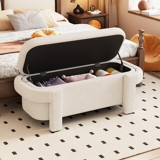 White Fluffy Storage Ottoman Bench with Soft Foam Upholstered Seat ...