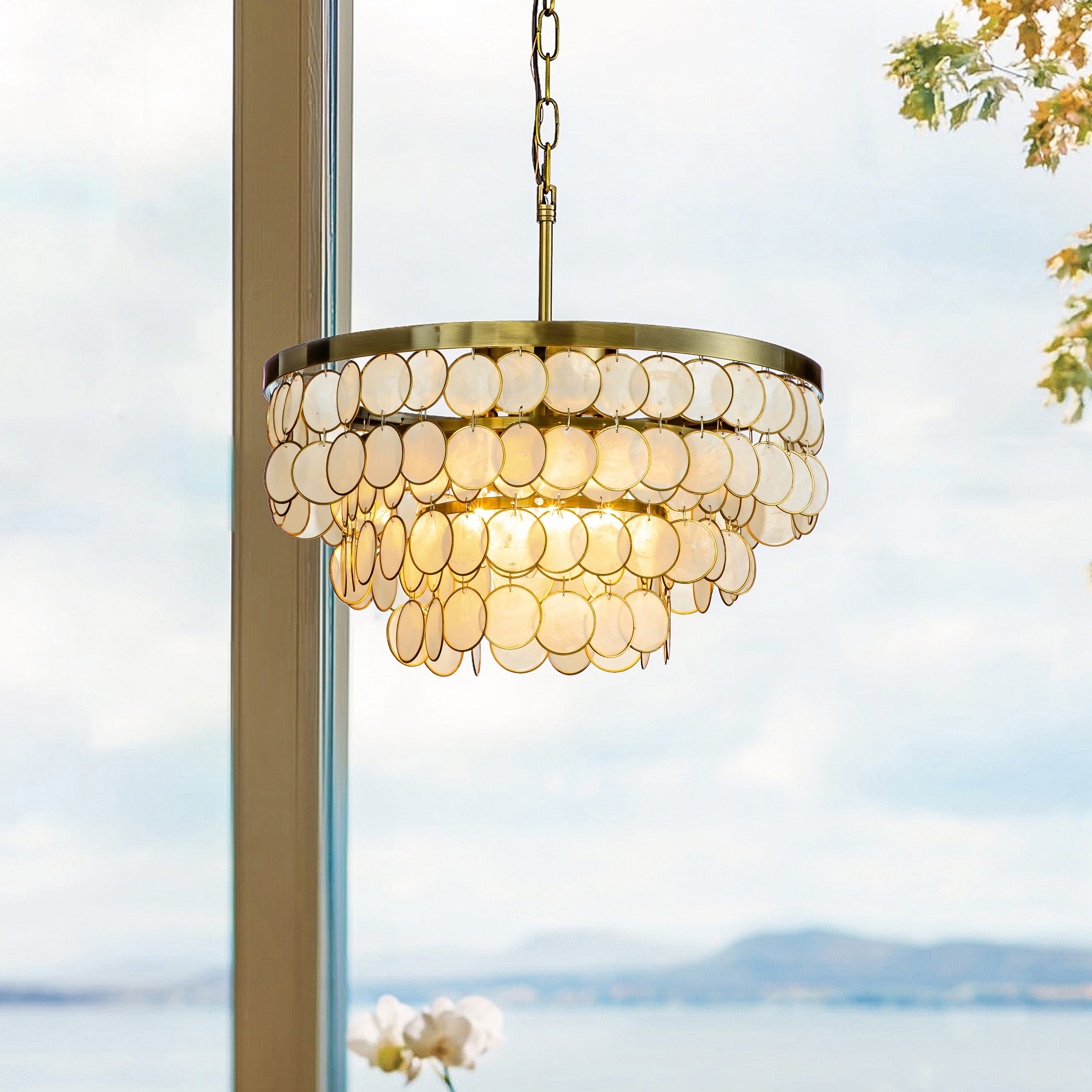 Mese - 3L Capiz Brass Statement Chandelier - 14 inches - On Sale - Bed ...