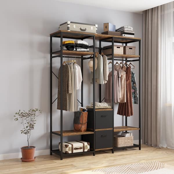 Brown and Black Clothes Rack Multiple Storage Racks Wardrobe Storage ...
