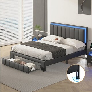 "Modern Black Upholstered Bed with LED Lighting and Storage Drawer ...
