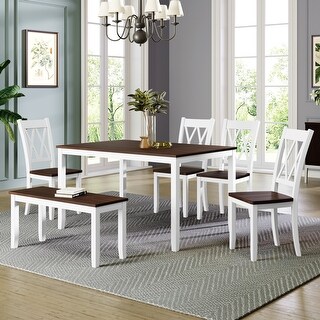 Rustic 6-Pc Wooden Rectangular Dining Table Set w/ 4 Chairs and Bench ...