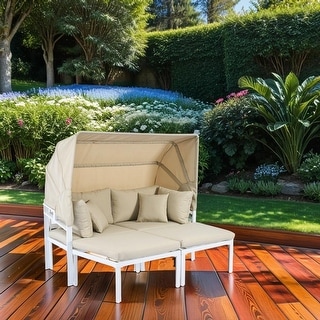 3-Piece Patio Daybed Metal Sun Lounger with Retractable Canopy - Bed ...