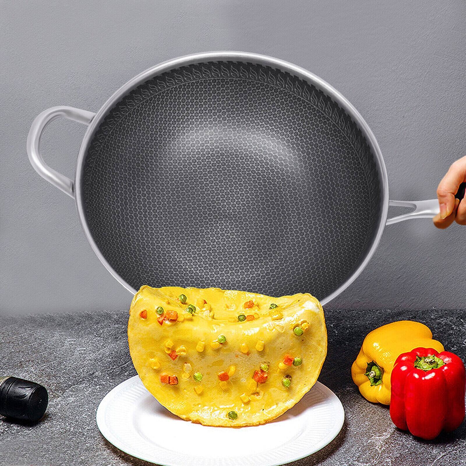 12" Stainless Steel Wok Pan with Lid - Honeycomb Coating 1L Capacity ...