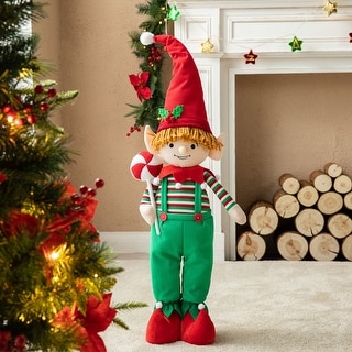 Glitzhome 39"H Telescoped Fabric Christmas Candy Cane Boy Elf Standing ...