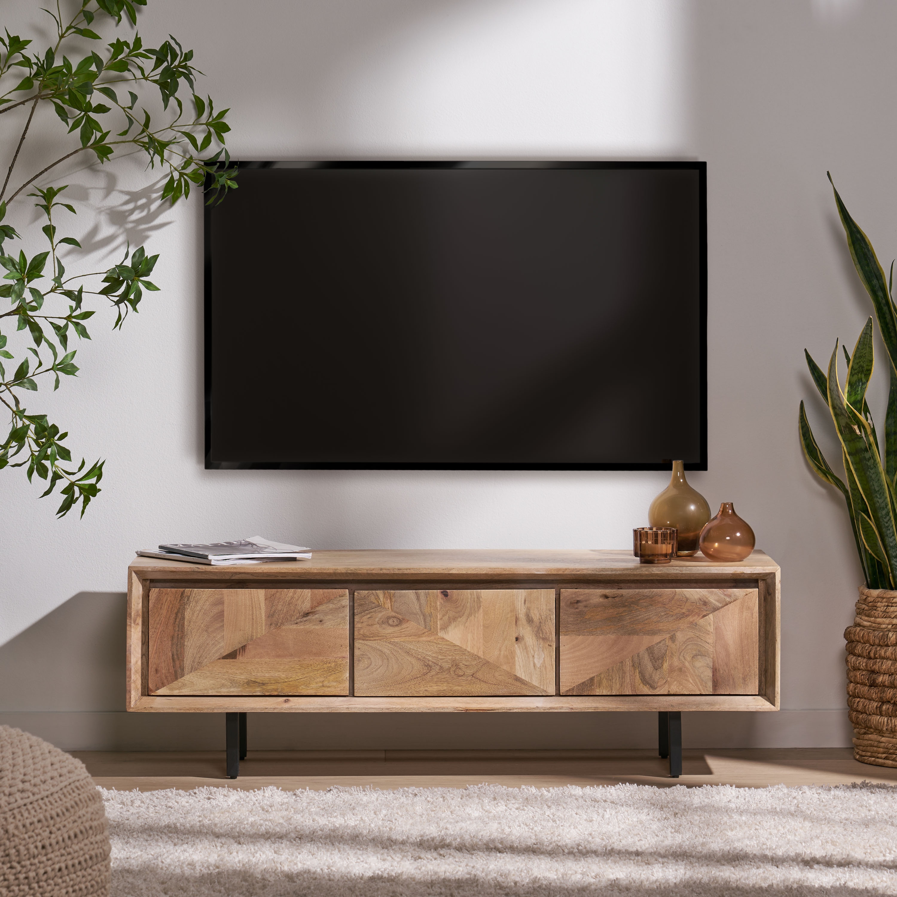 Handcrafted Boho Mango Wood TV Stand Fits 59 TVs