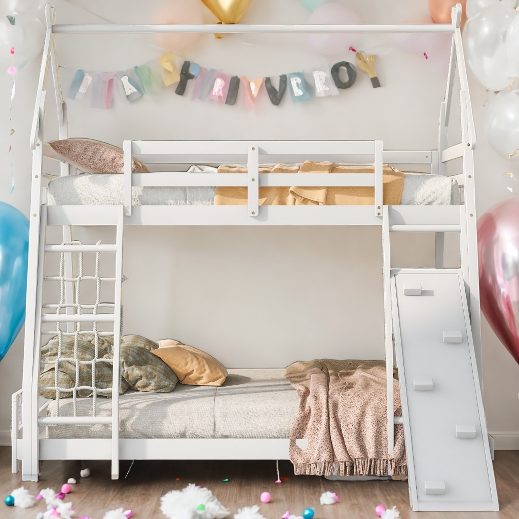 Twin over Queen House Bunk Bed with Guardrails, Climbing Nets and Ramp ...