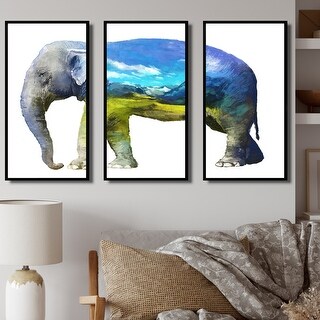 Designart "Elephant Double Exposure" Animal Framed Wall Decor Set of 3 ...