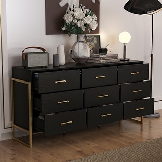 61.4"W Modern Black Dresser with 9 Spacious Drawers - Gold Handles - On ...