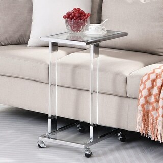 Rolling C-Shaped Acrylic Side Table with Wheels and Tempered Glass ...