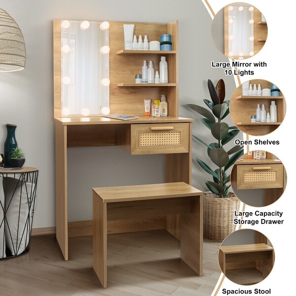 Mieres Grondin Boho Style Makeup Vanity Dressing Table Set with Stool LED Lighted Mirror Rattan Drawer and Open Storage Shelves
