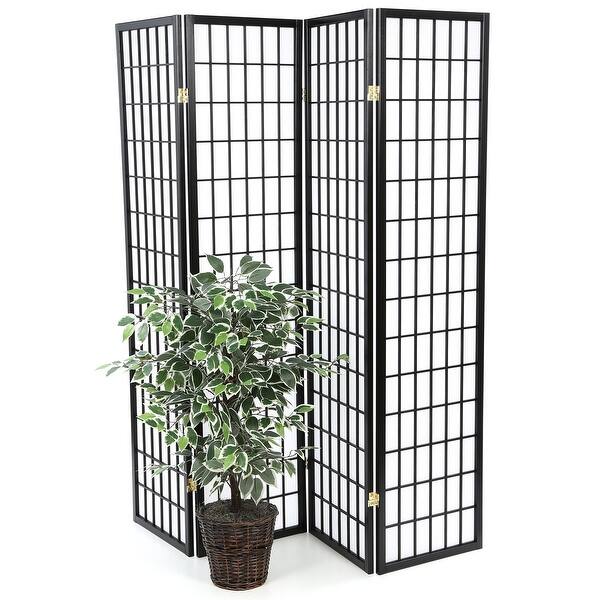 Black 4-Panel Asian Style Shoji Room Divider Screen - 70.25"H x 69"W x ...