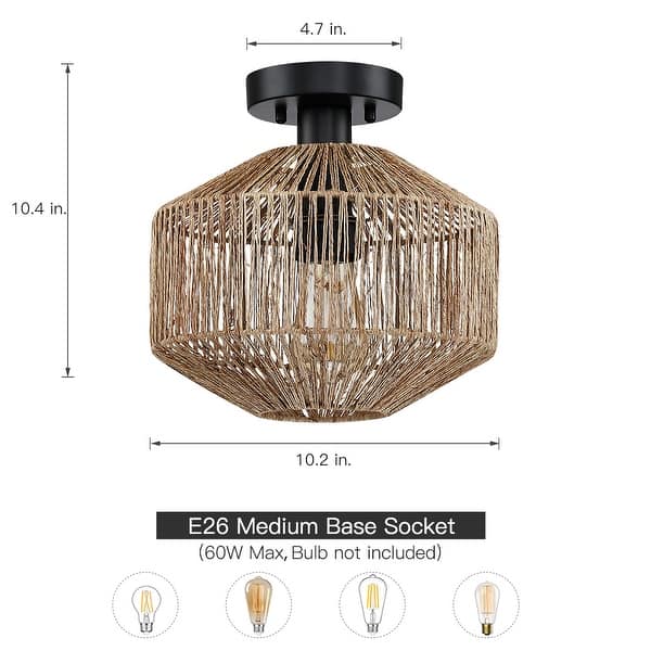 True Fine Bohemian Natural Jute Rope Semi Flush Mount Ceiling Light ...