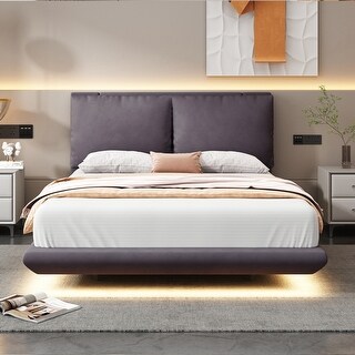 Floating Bed Frame with LED Lights and Charging Station, Modern LED Bed ...