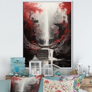 Designart "Red Tree Endless Waterfall Journey" Waterfall Framed Wall ...