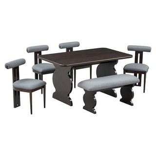 6pcs Dining Set w/ Wavy Legs Table, Bench & 4 Chairs, Espresso - Bed ...