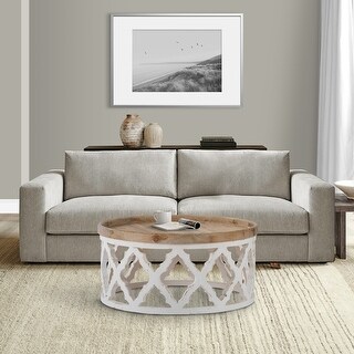 Ode 32 Inch Coffee Table, Round, Quatrefoil Lattice Design, Brown ...