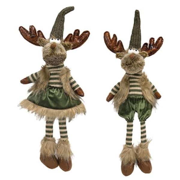 Mr. and Mrs. Green Reindeer Plush Christmas Decor with Dangle Legs Holiday Figurines 2 Asstd ...