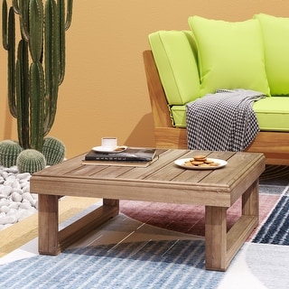 Wood Coffee Table, Square Low Table with Sled Legs, Retro Slat End ...