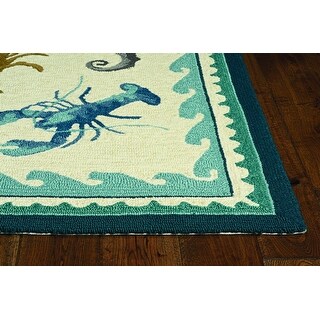 2'x3' Ivory Teal Hand Hooked UV Treated Bordered Coastal Sea Life ...