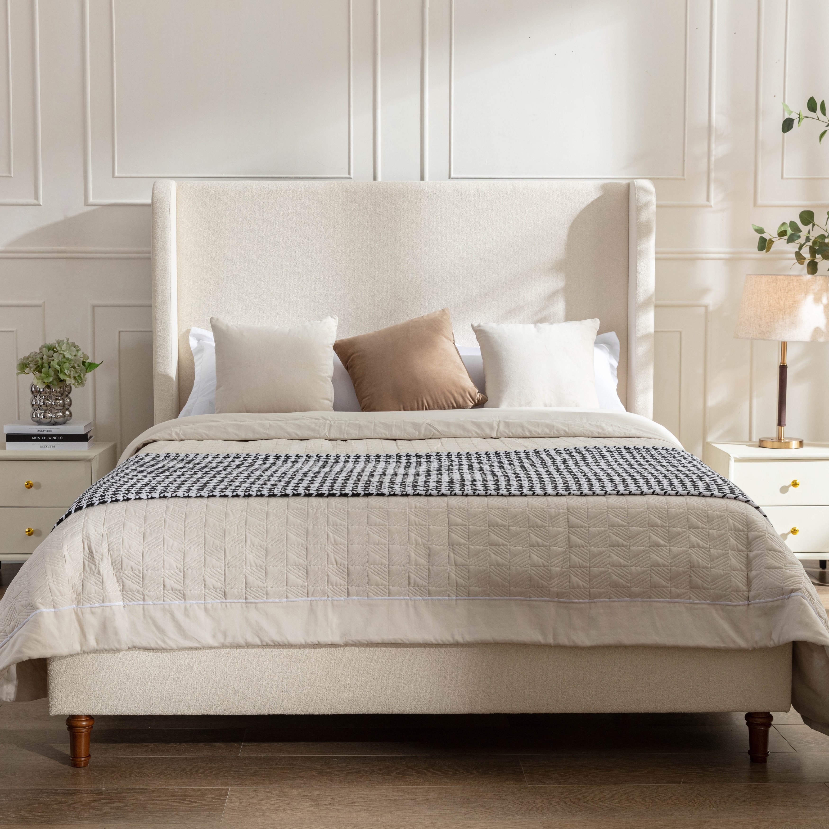 Modern Metal Frame Tall Headboard Boucle Upholstered Platform Bed with Walnut Finish Wood Legs No Box Spring Needed