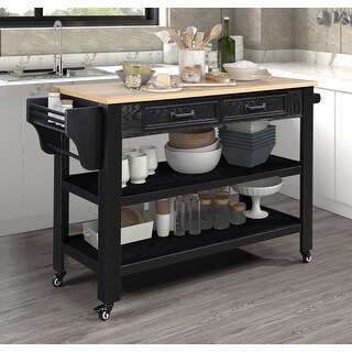 Black Rolling Kitchen Cart, OAK Wood Top Kitchen Island on Wheels - Bed ...