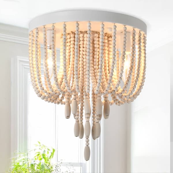 Boho Modern Wash White Wood Beaded Flush Mount Ceiling Light 3-Light ...