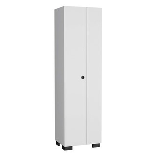 Slim White Utility Broom Cabinet - Double Doors, Broom Hangers, and ...
