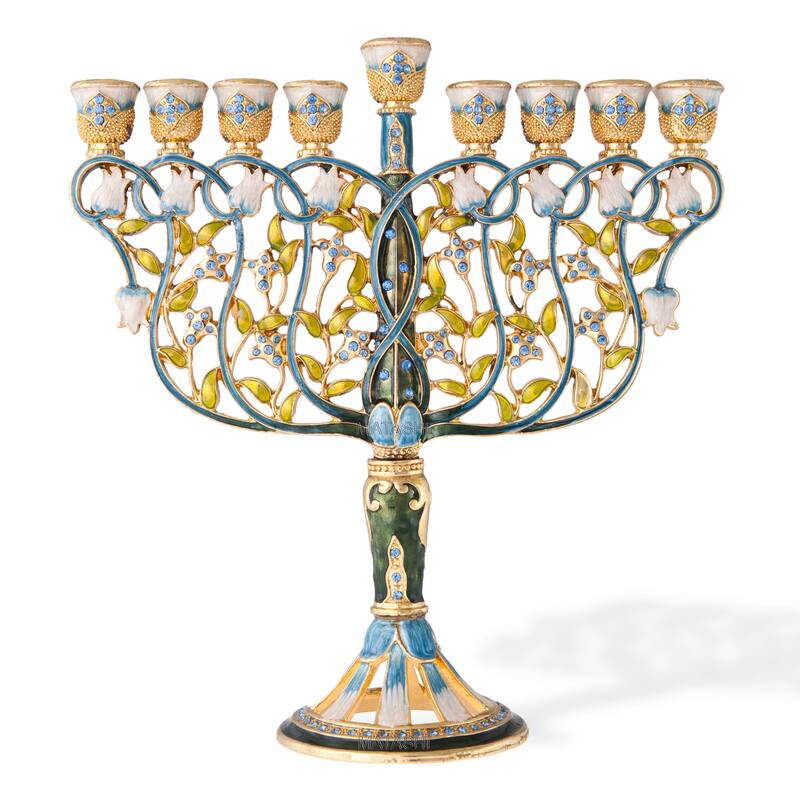 Matashi Hand Painted Enamel Menorah Candelabra w/ Flowers Design & Blue ...