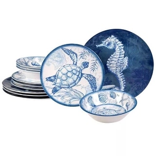 12-Piece Sea Shells Ocean Theme Dinnerware Set in Blue and White ...