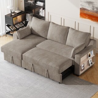90" Convertible L-Shaped Pull-Out Sleeper Sofa Bed With Storage Chaise ...