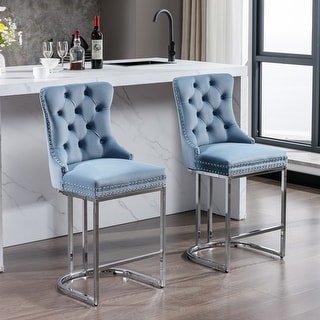 Velvet Barstools with Rivet Trim, Counter Height Bar Stools Set of 2 ...