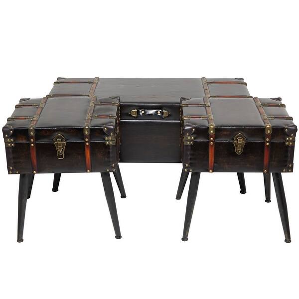 Black Faux Leather Studded Coffee Table with Latches and Handles (Set ...