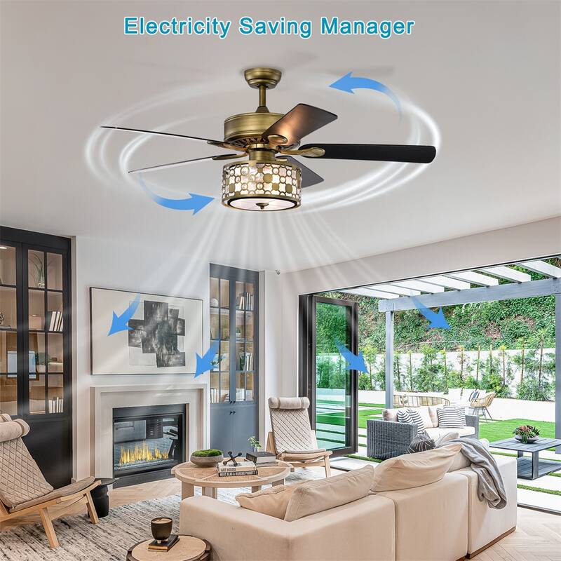 52inch 3 Lights Crystal Ceiling Fan,Two-color Fan Blade,Remote Control ...
