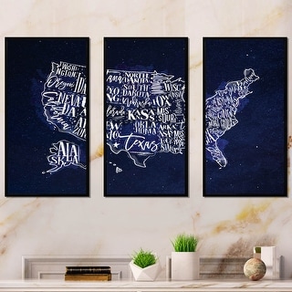 Designart "United States Blue Vintage Map" Maps Framed Artwork Set of 3 ...