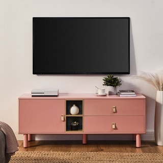 Wooden TV Cabinet with 2 Drawers and Leather Upholstered Handles - Bed ...