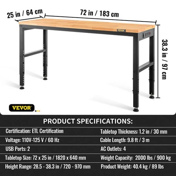 VEVOR Adjustable Height Workbench Work Bench Table w/ Power Outlets ...