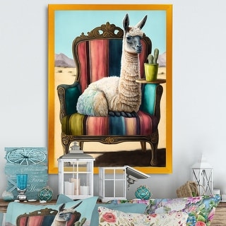 Designart "Llama Sitting On Lounge Chair In The Dessert" Animals Framed ...