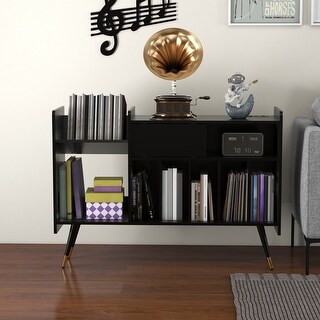 48 "W Record Player Holder, Two-Layer Record Holder, Black Sliding Door ...