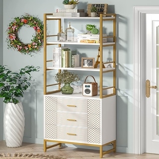 Gold and White Bookshelf 3 Drawers, Tall Ladder Shelf with Storage ...