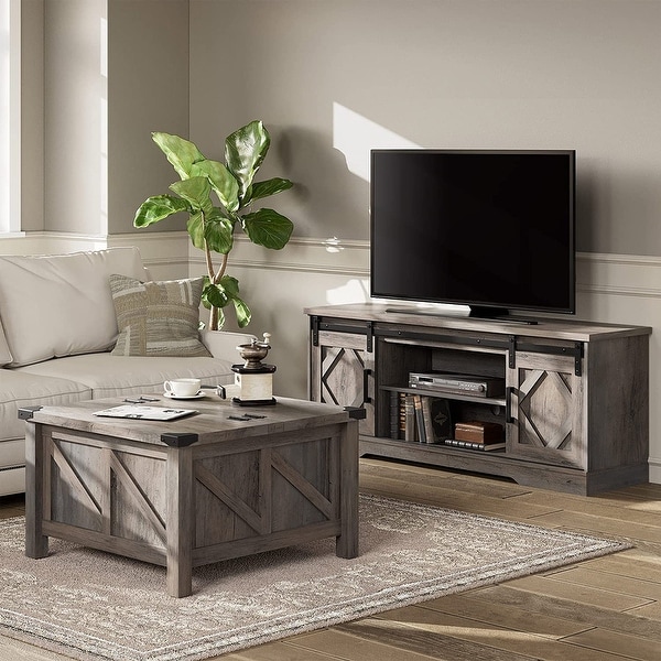 Wampat Farmhouse Sliding Barn Door TV Stand and Coffee Table Set of 2 On Sale Bed Bath Beyond 35868970