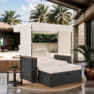 2 Pcs Outdoor Bench Lounge Roof Set with Canopy and Adjustable Backrest ...