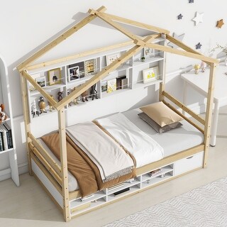 Twin House Bed wRoof, Bedside-shelves, Under Bed Storage Unit, Natural ...