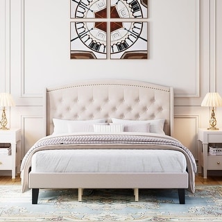 Bed Frame with Wingback Headboard, Rivets Button Tufted - Bed Bath ...