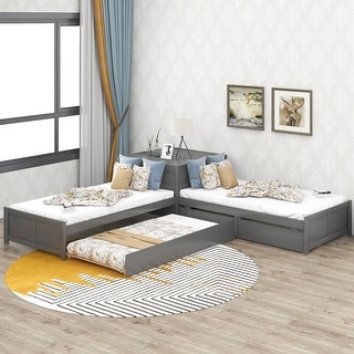 Twin Size L-shaped Platform Bed with Trundle and Drawers Linked with ...