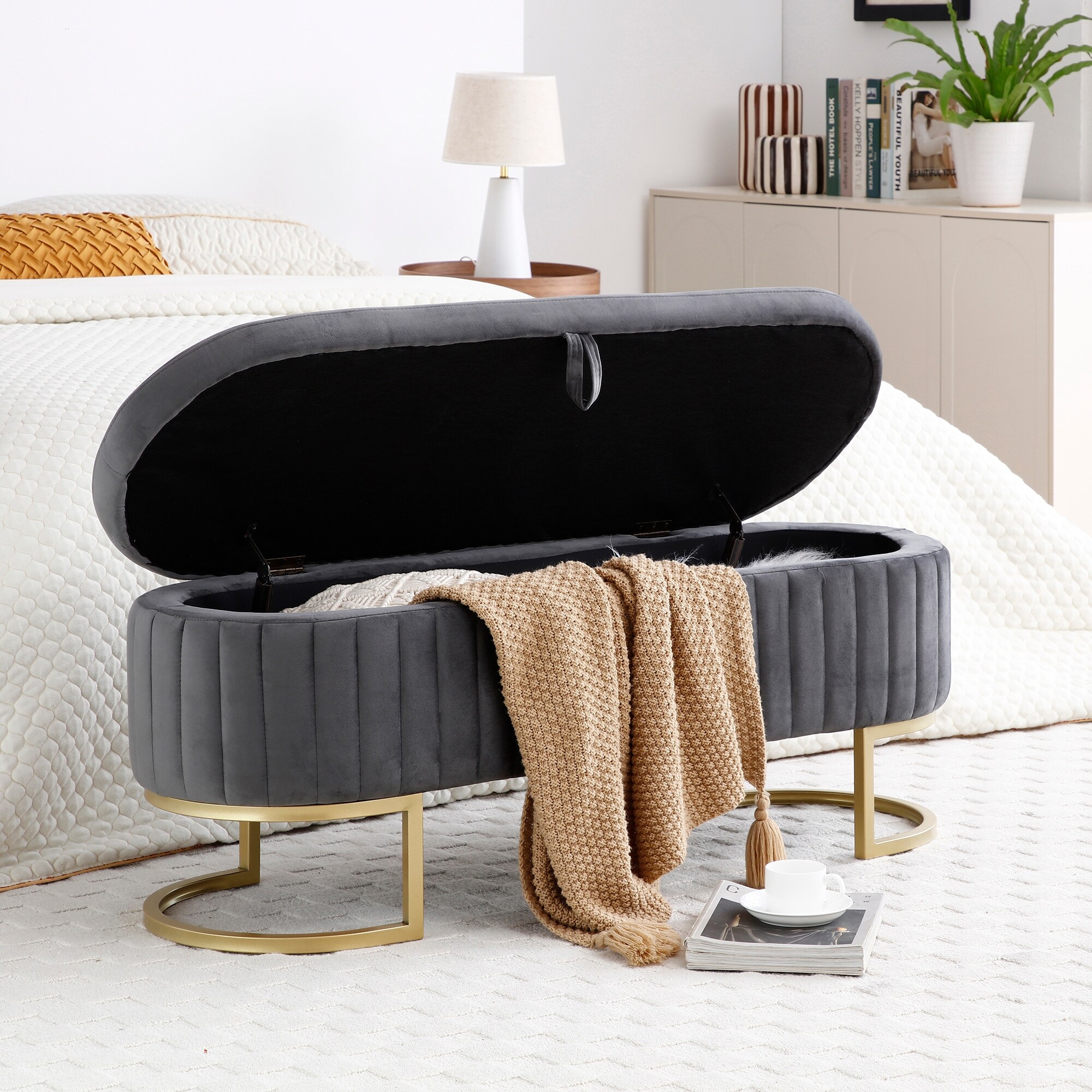 50 Inch Grey Velvet Storage Bench Upholstered with Golden Legs Modern Ottoman Bed Bath Beyond 41149263